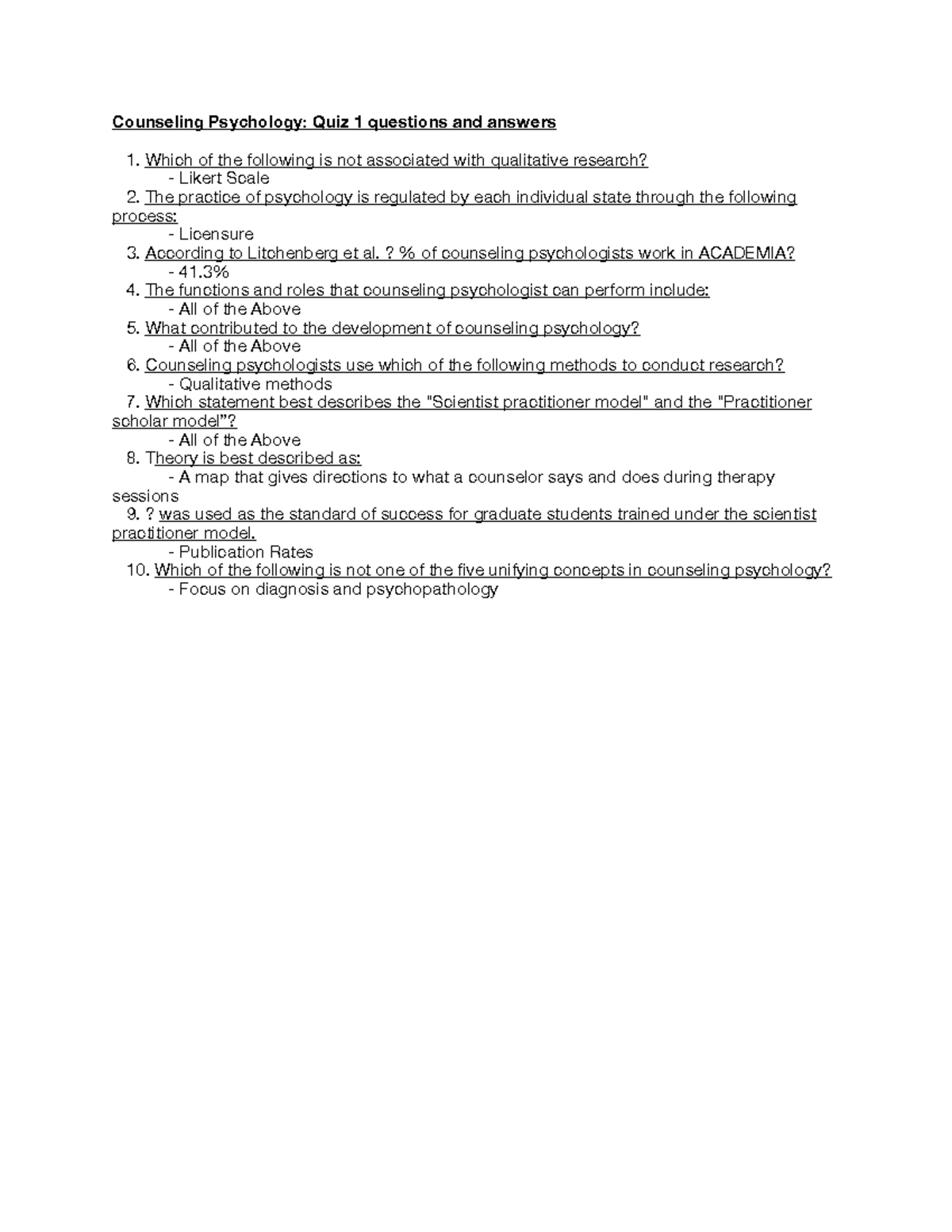 Counseling Psychology Quiz 1 - ? % of counseling psychologists work in ...
