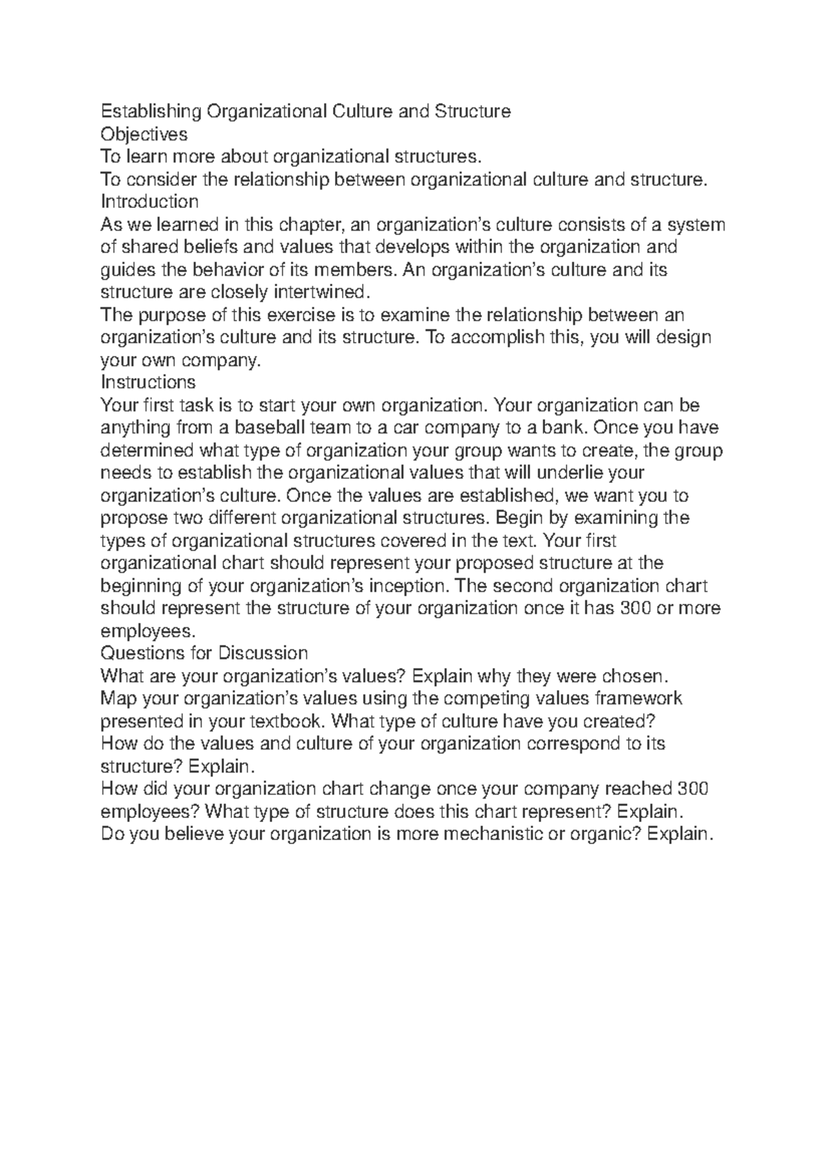 Establishing Organizational Culture and Structure.docx - Establishing ...