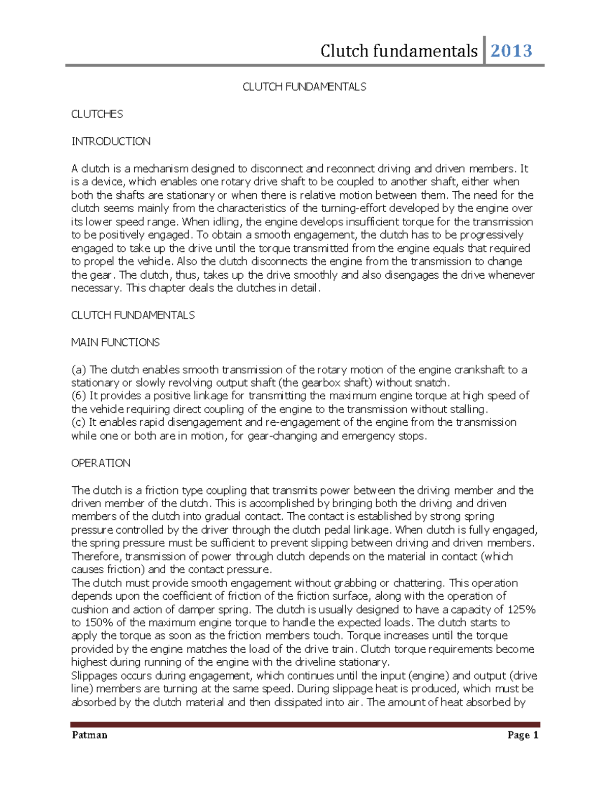 Friction Clutch System - CLUTCH FUNDAMENTALS CLUTCHES INTRODUCTION A ...