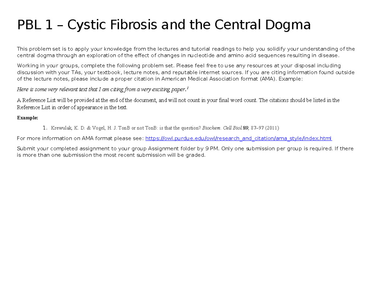 PBL 1 BCHM 102 - PBL 1 – Cystic Fibrosis and the Central Dogma This ...