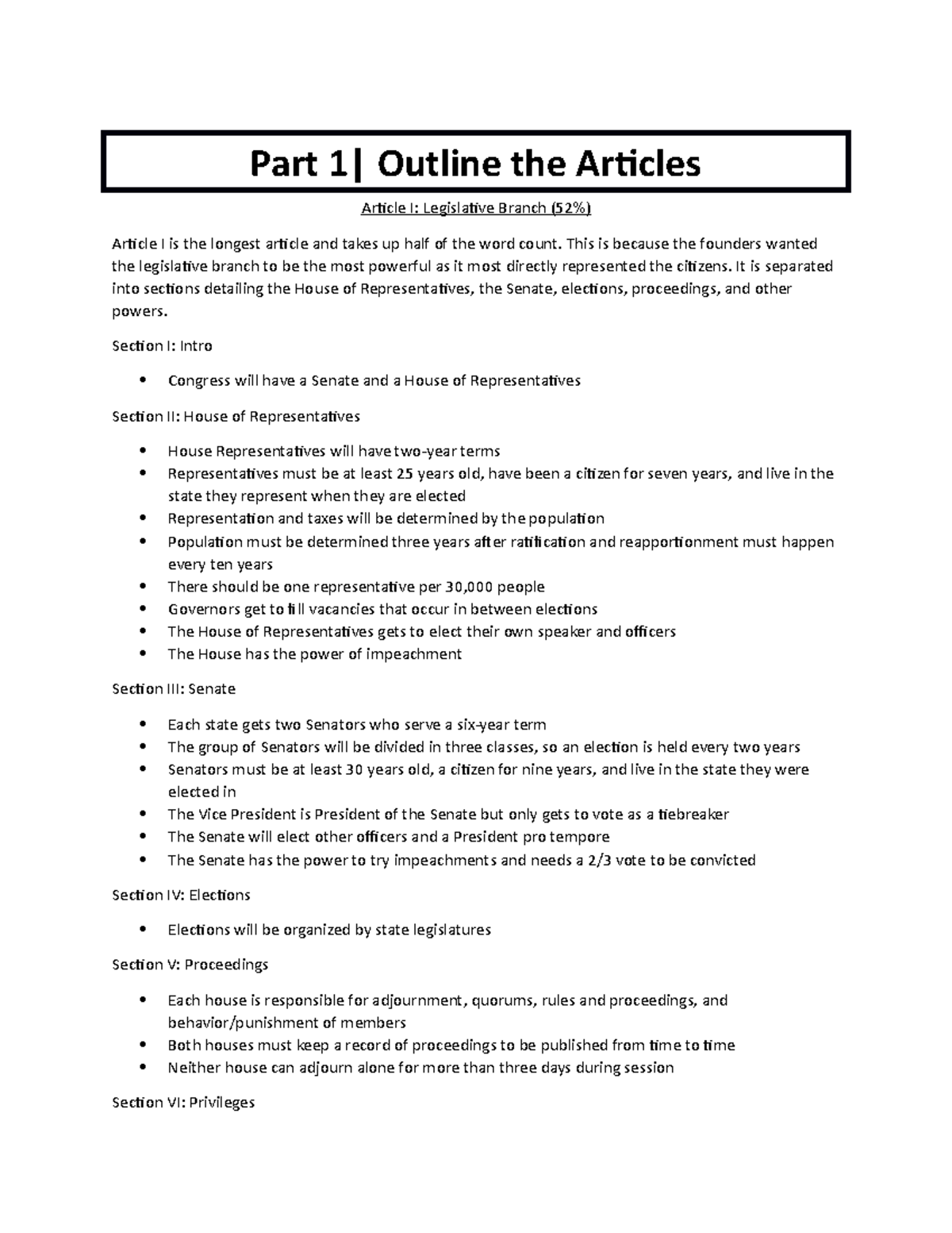 Constitution Outline - Part 1| Outline the Articles Article I ...