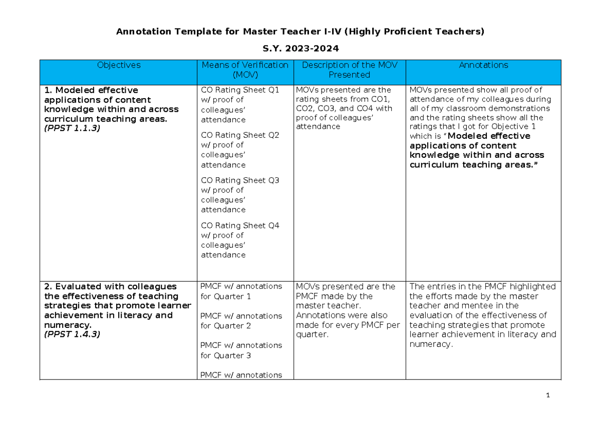26. Annotation FOR Master Teacher I-IV - Annotation Template for Master ...