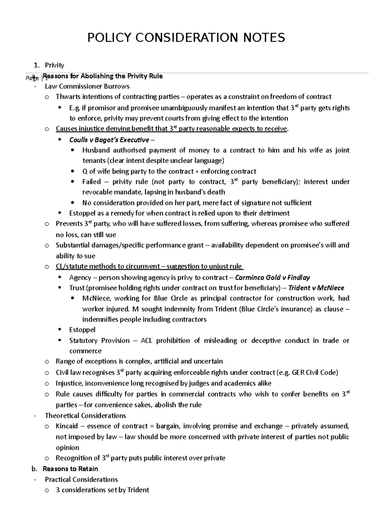 Policy Consideration - Page | 1 POLICY CONSIDERATION NOTES Privity a ...