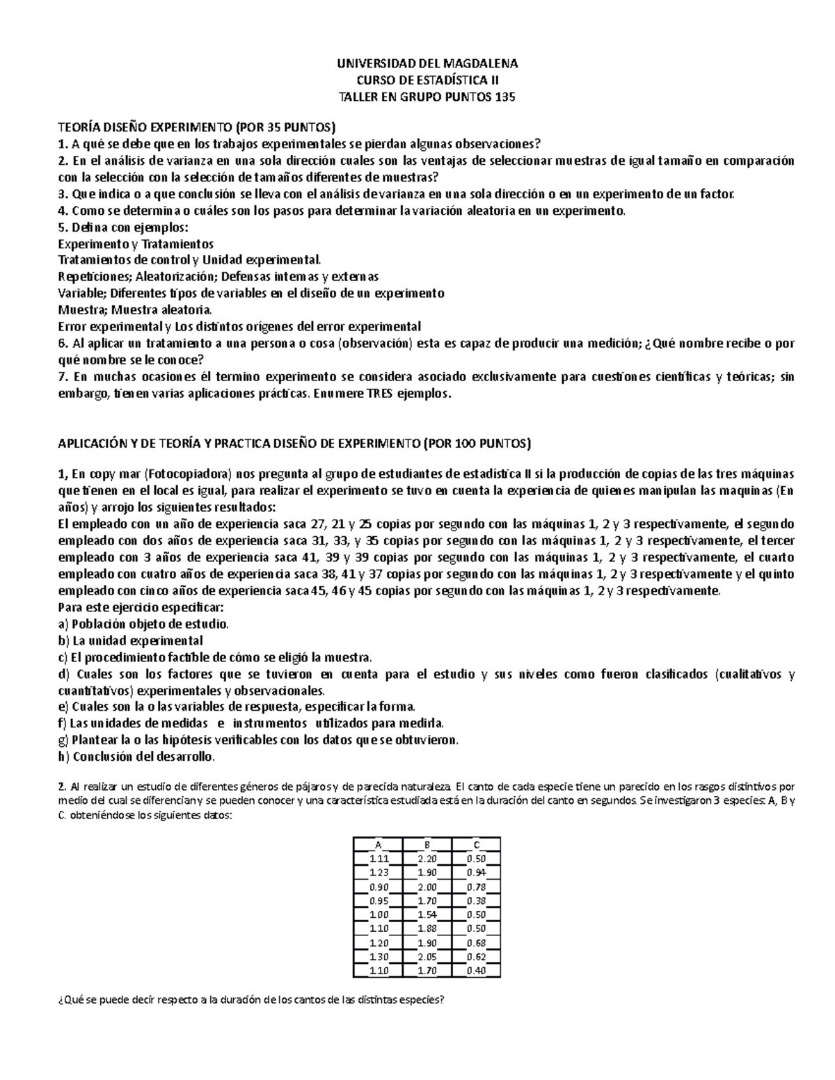 Taller Final Estadistica 2 2022 1 - UNIVERSIDAD DEL MAGDALENA CURSO DE ESTADÍSTICA II TALLER EN ...