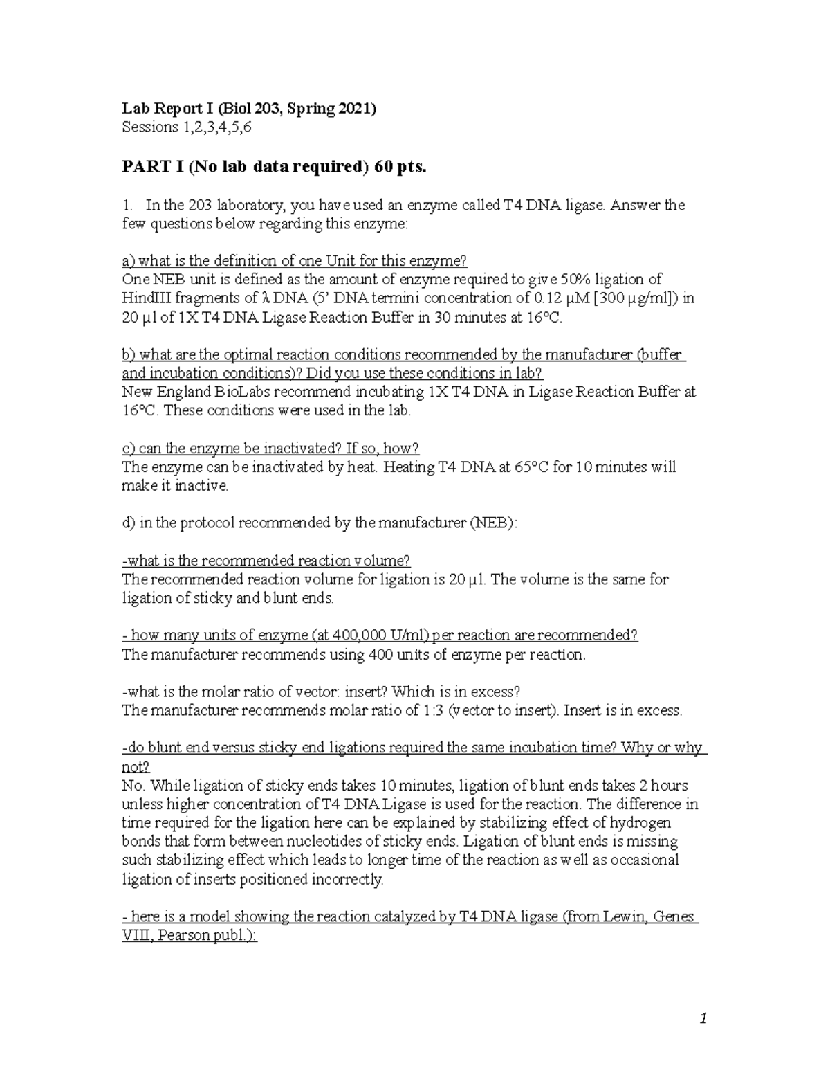 Lab Report I-Spring 2021 copy - Lab Report I (Biol 203, Spring 2021) Sessions 1,2,3,4,5, PART I ...