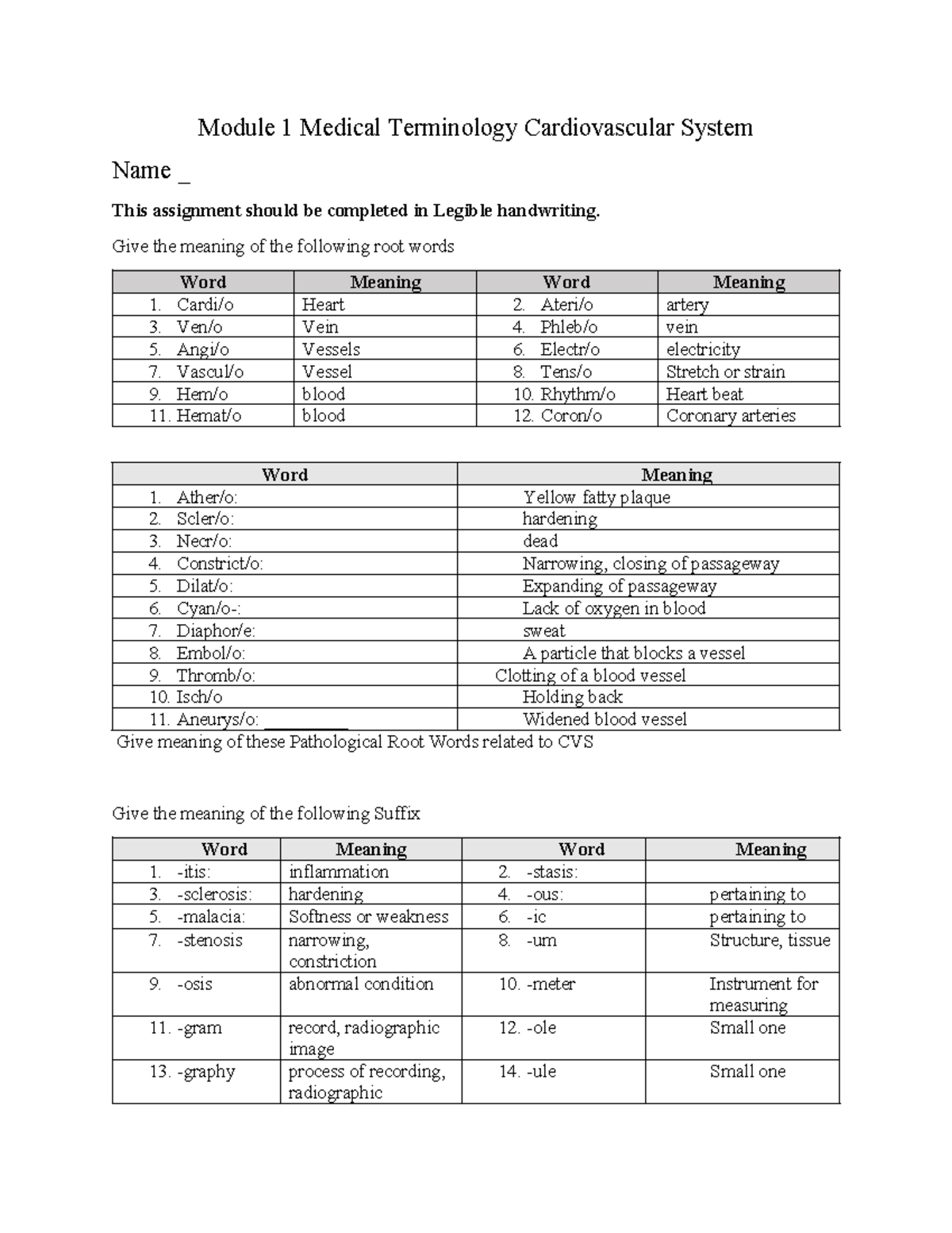BIO 202 Module 1 Medical Terminology Cardiovascular System - Module 1 ...