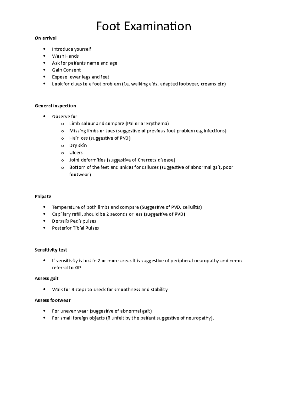 OSCE Foot examination criteria - Foot Examination On arrival Introduce ...