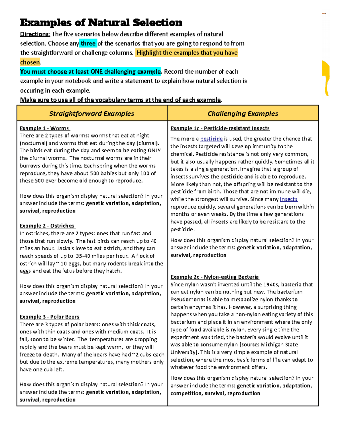 Natural Selection Scenarios (Homework) - Examples of Natural Selection ...