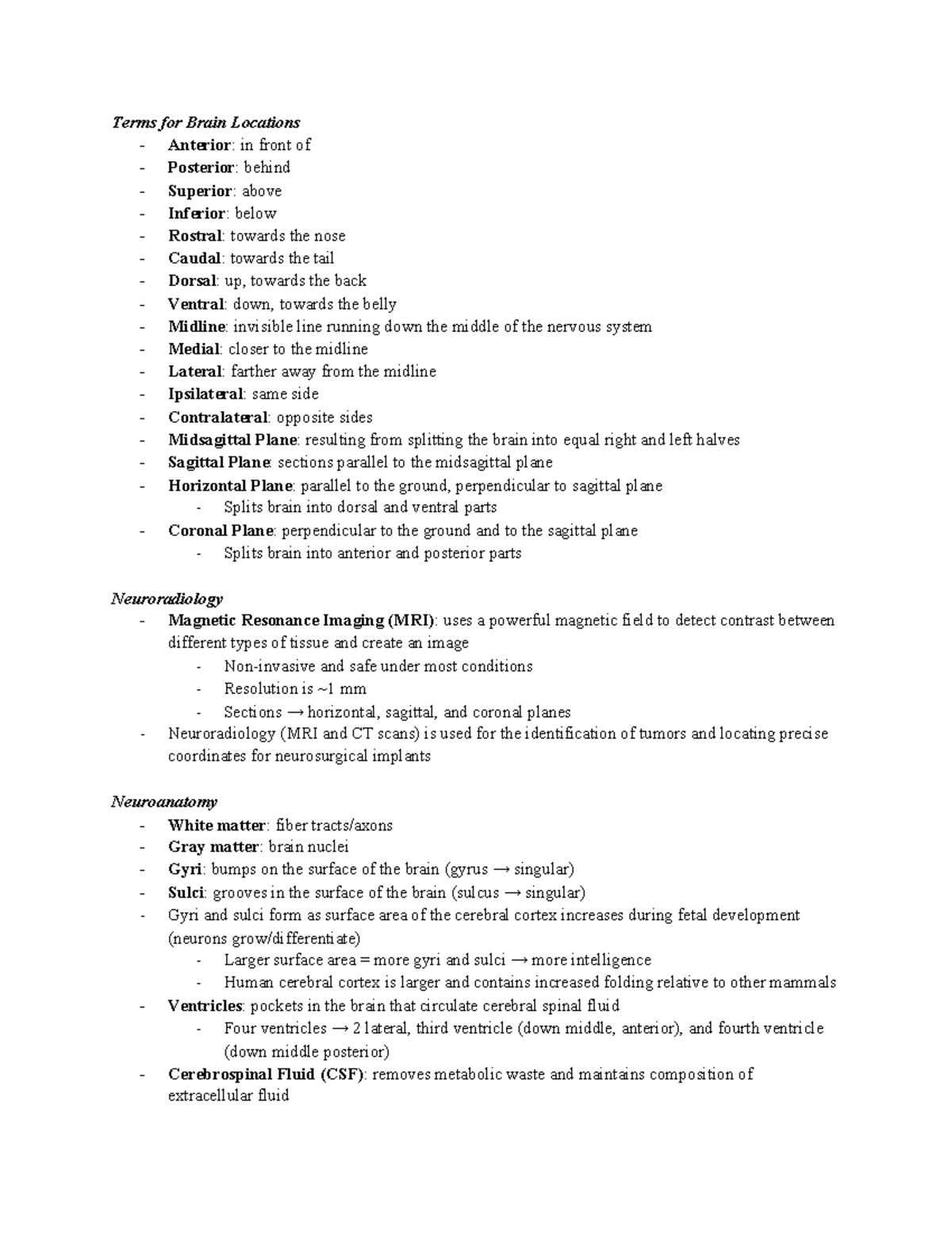 NE 101 Lecture 11 Compiled Notes - Terms for Brain Locations - Anterior ...