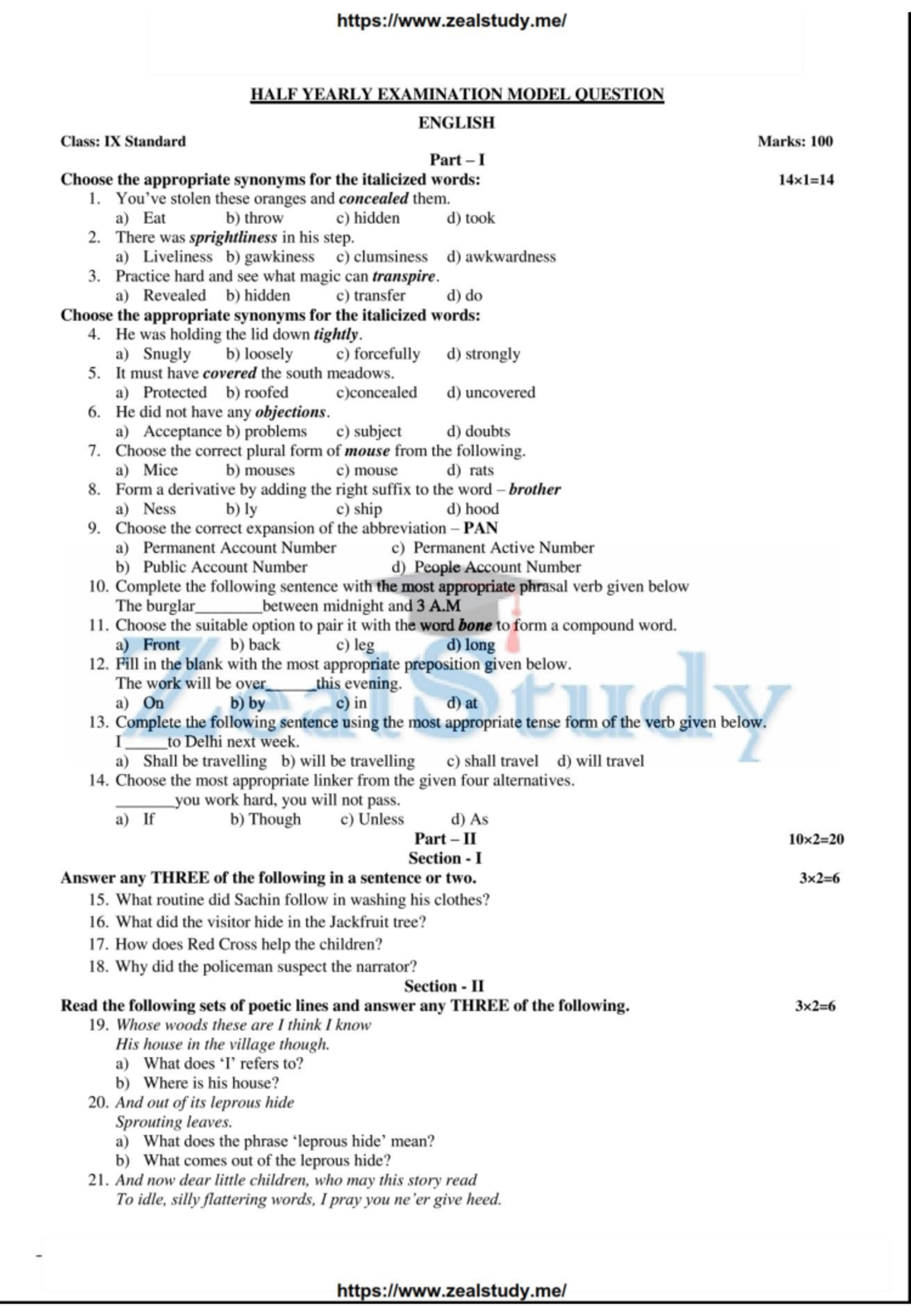 9th HY 1 - sdsdsdsd - HALF YEARLY EXAMINATION MODEL QUESTION ENGLISH ...