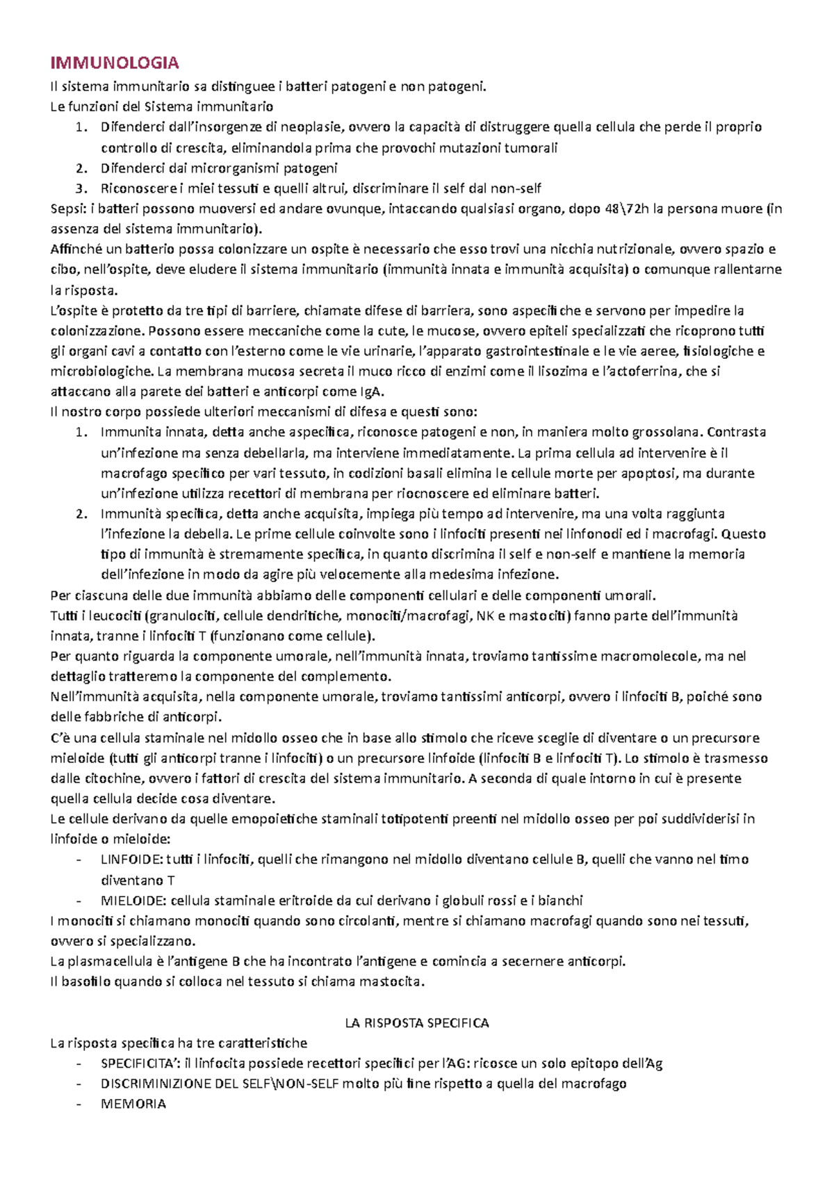 Immunologia Schema - Appunti - IMMUNOLOGIA Il sistema immunitario sa ...