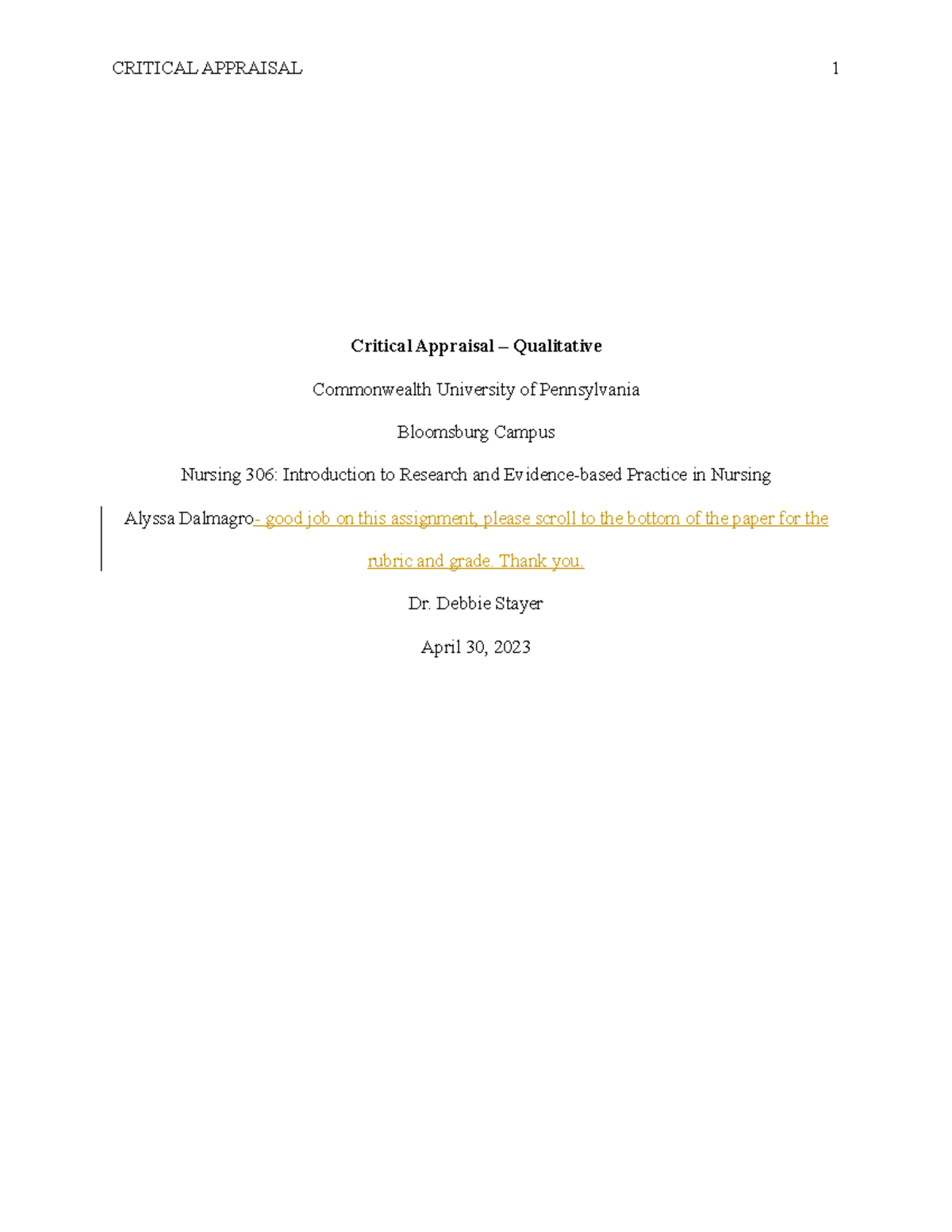 Qualitative critical appraisal project - Critical Appraisal ...