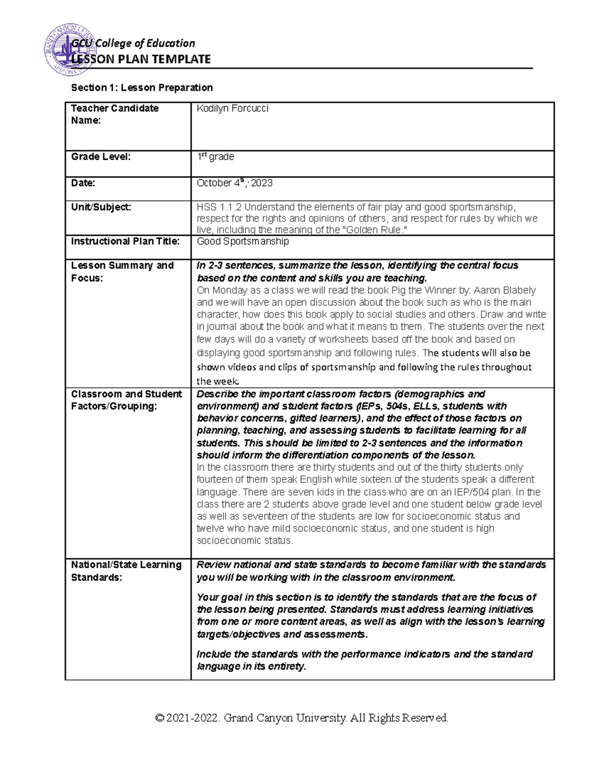 Week 4 lesson plan - LESSON PLAN TEMPLATE Section 1: Lesson Preparation ...