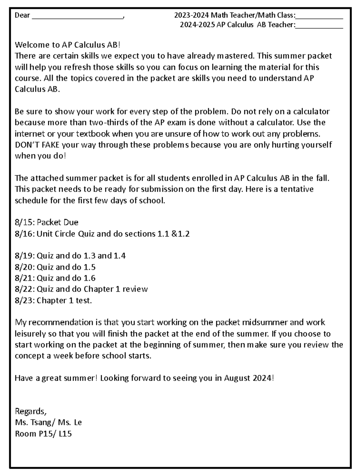 APCal AB Summer Packet 2024Summer - Dear ___________, 2023 - 2024 Math ...