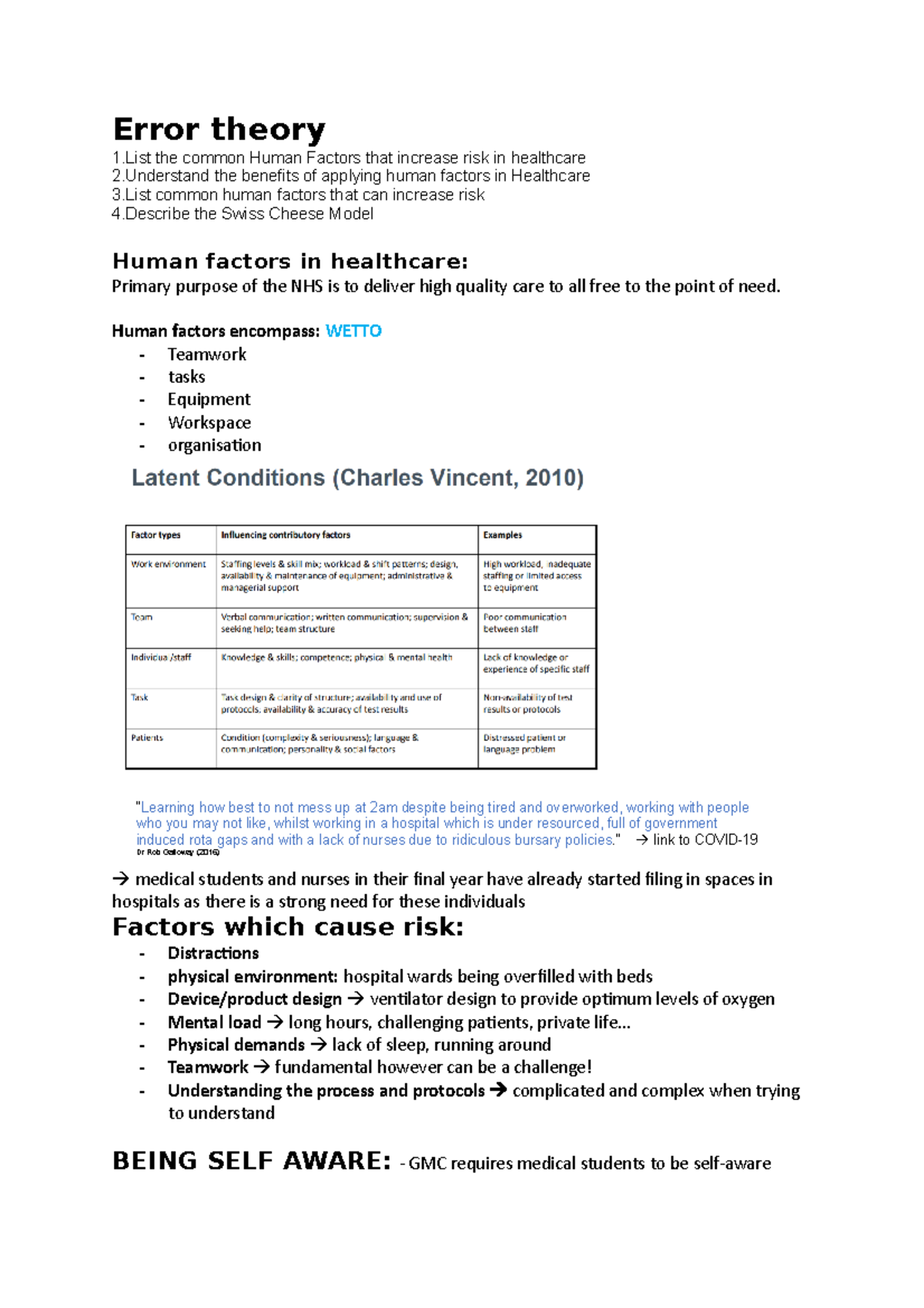 WEEK 8 Error theory - Notes - Error theory 1 the common Human Factors ...