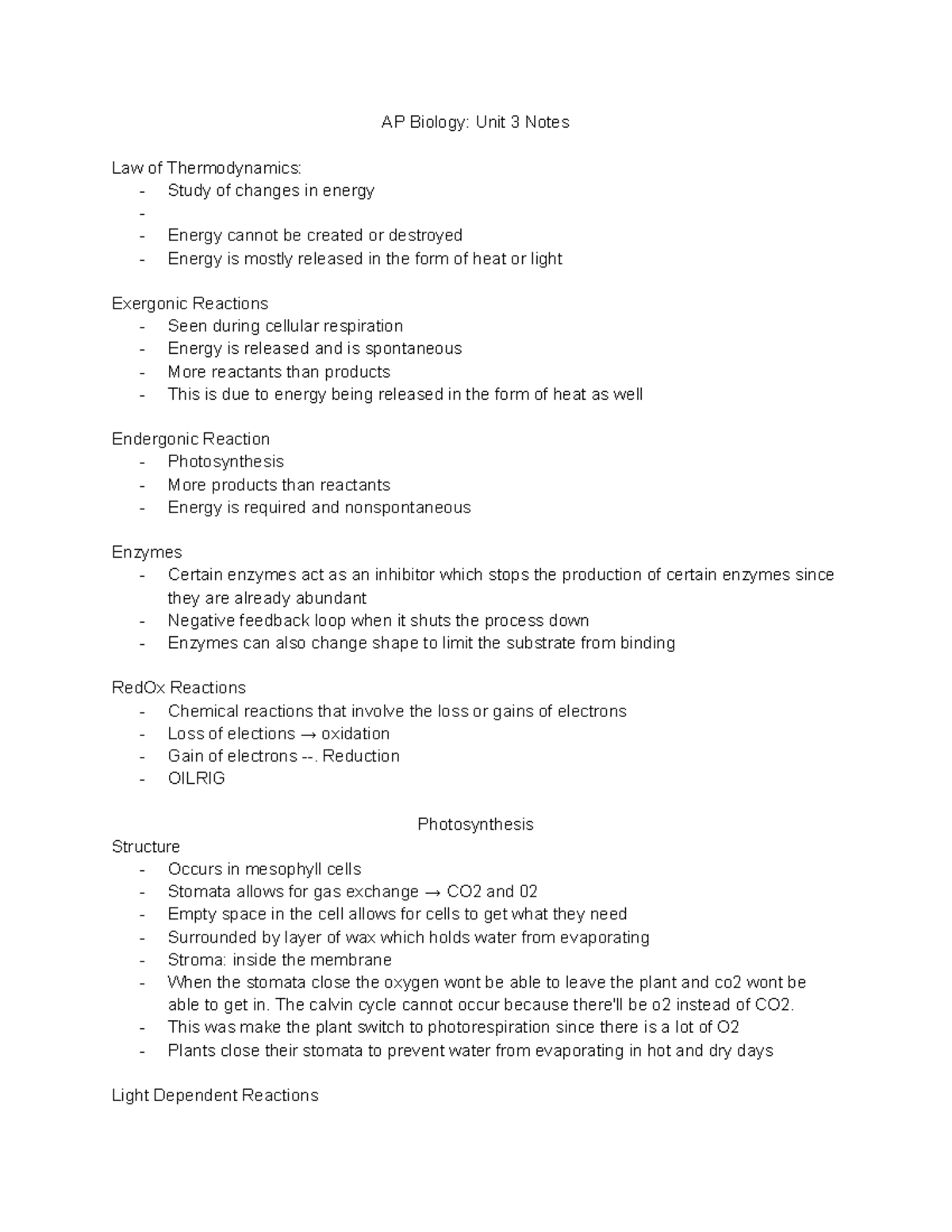 AP Bio Unit 3 Notes - AP Biology: Unit 3 Notes Law of Thermodynamics ...