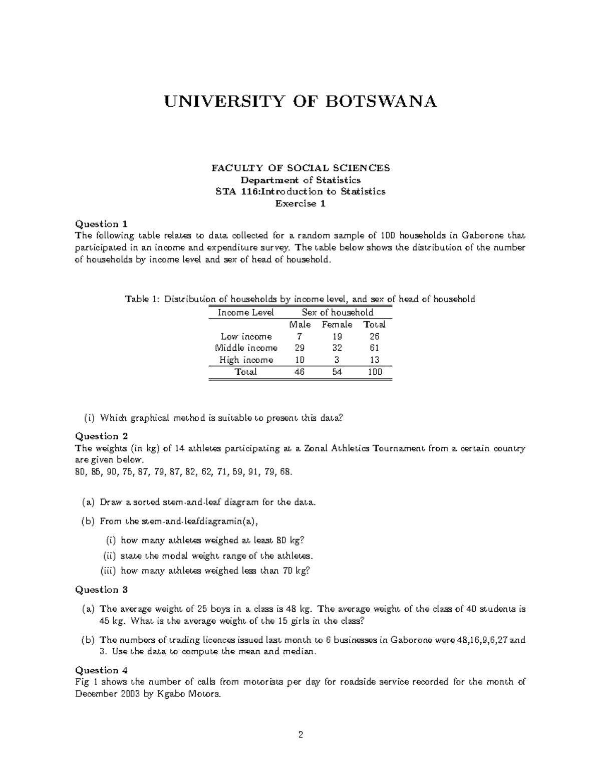 116 Exercise 1 - UNIVERSITY OF BOTSWANA FACULTY OF SOCIAL SCIENCES ...