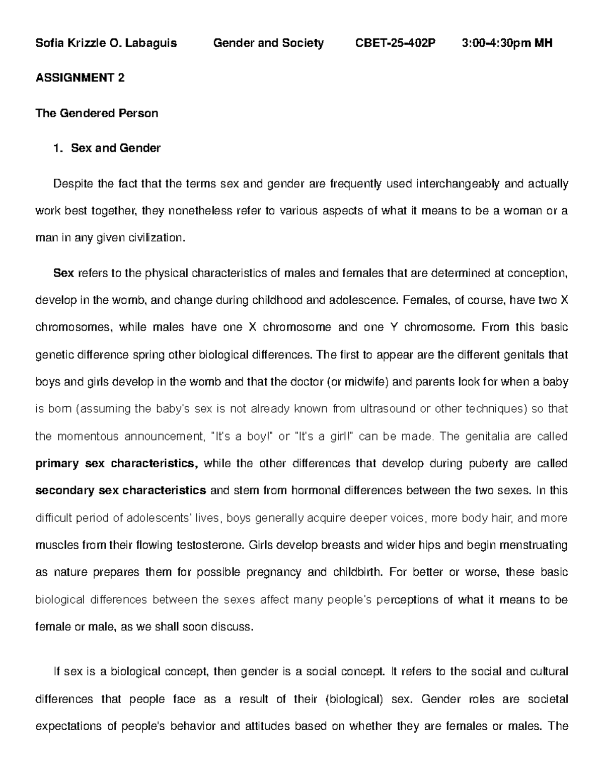 GS - ASS 2 - Gender and Society - Sofia Krizzle O. Labaguis Gender and ...