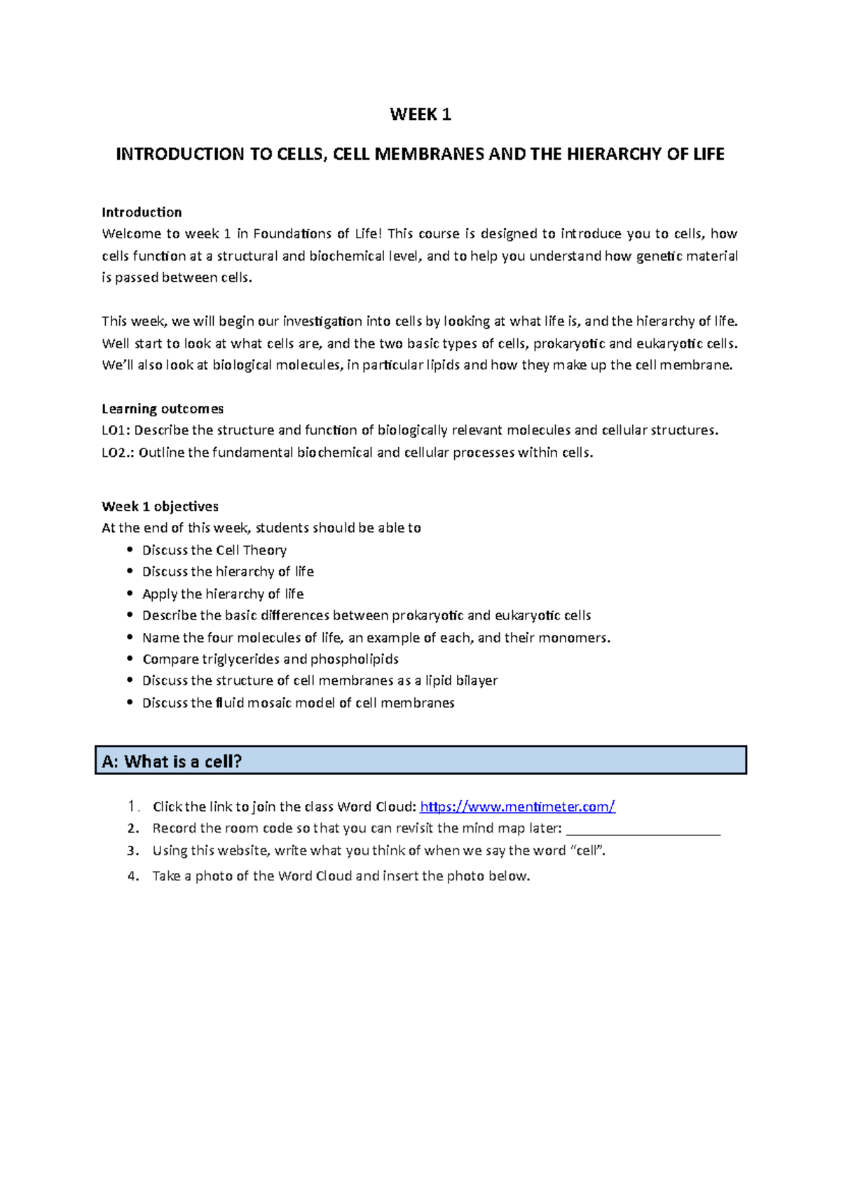 WEEK 1 Theory Worksheet - WEEK 1 INTRODUCTION TO CELLS, CELL MEMBRANES ...