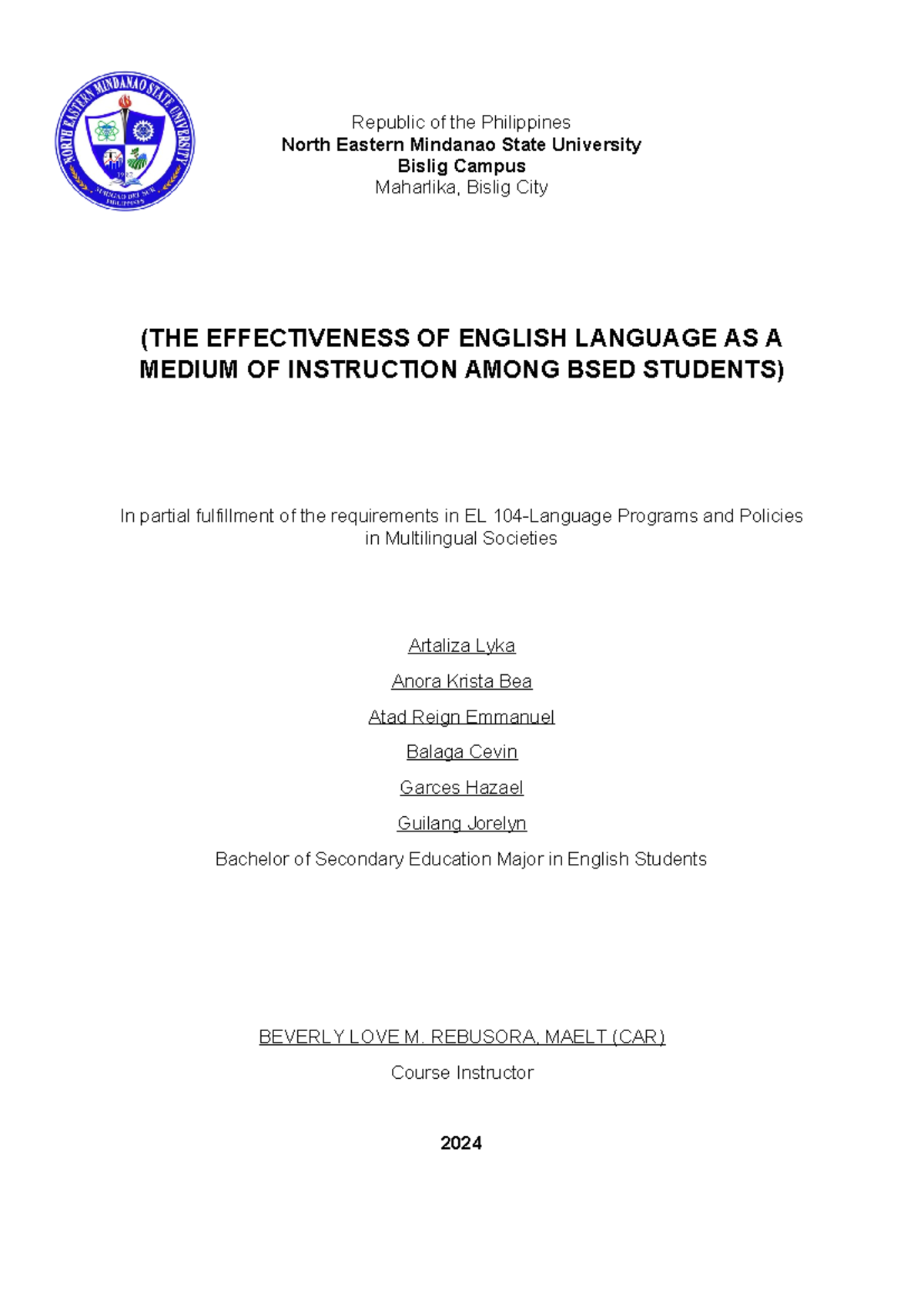MINI Research Project Format - Republic of the Philippines North ...