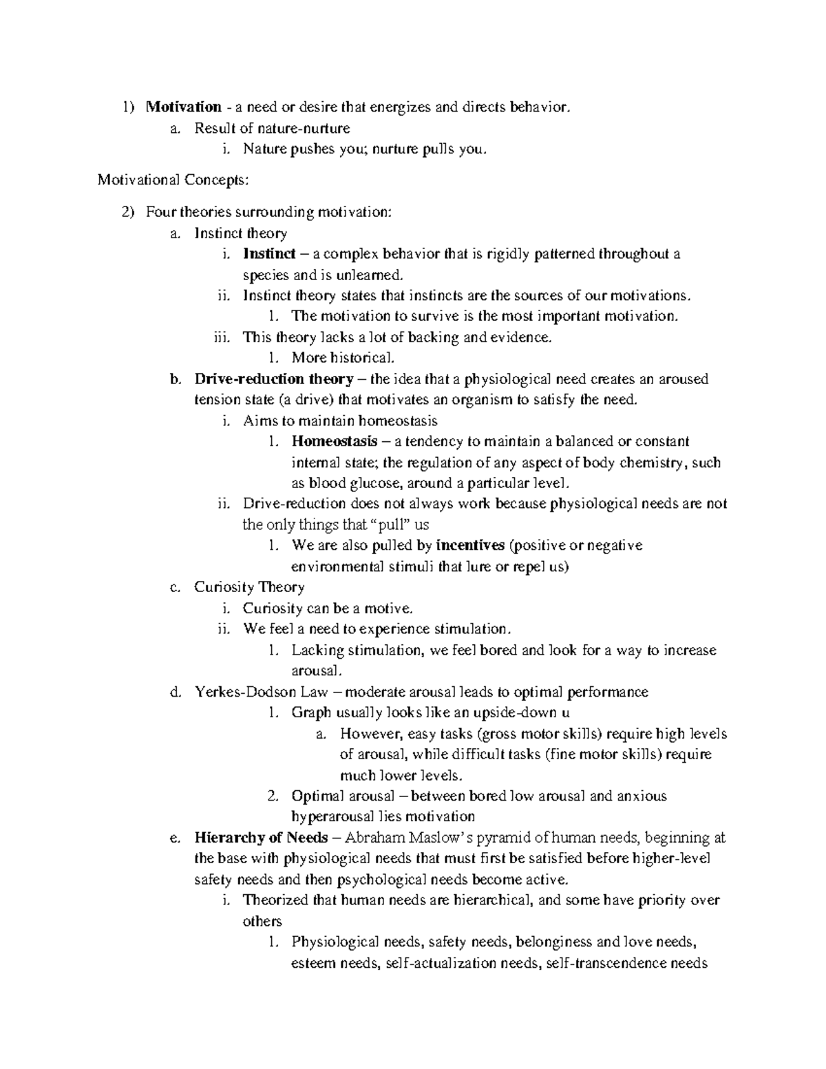 Unit 10 Notes - ///// - Motivation - a need or desire that energizes ...