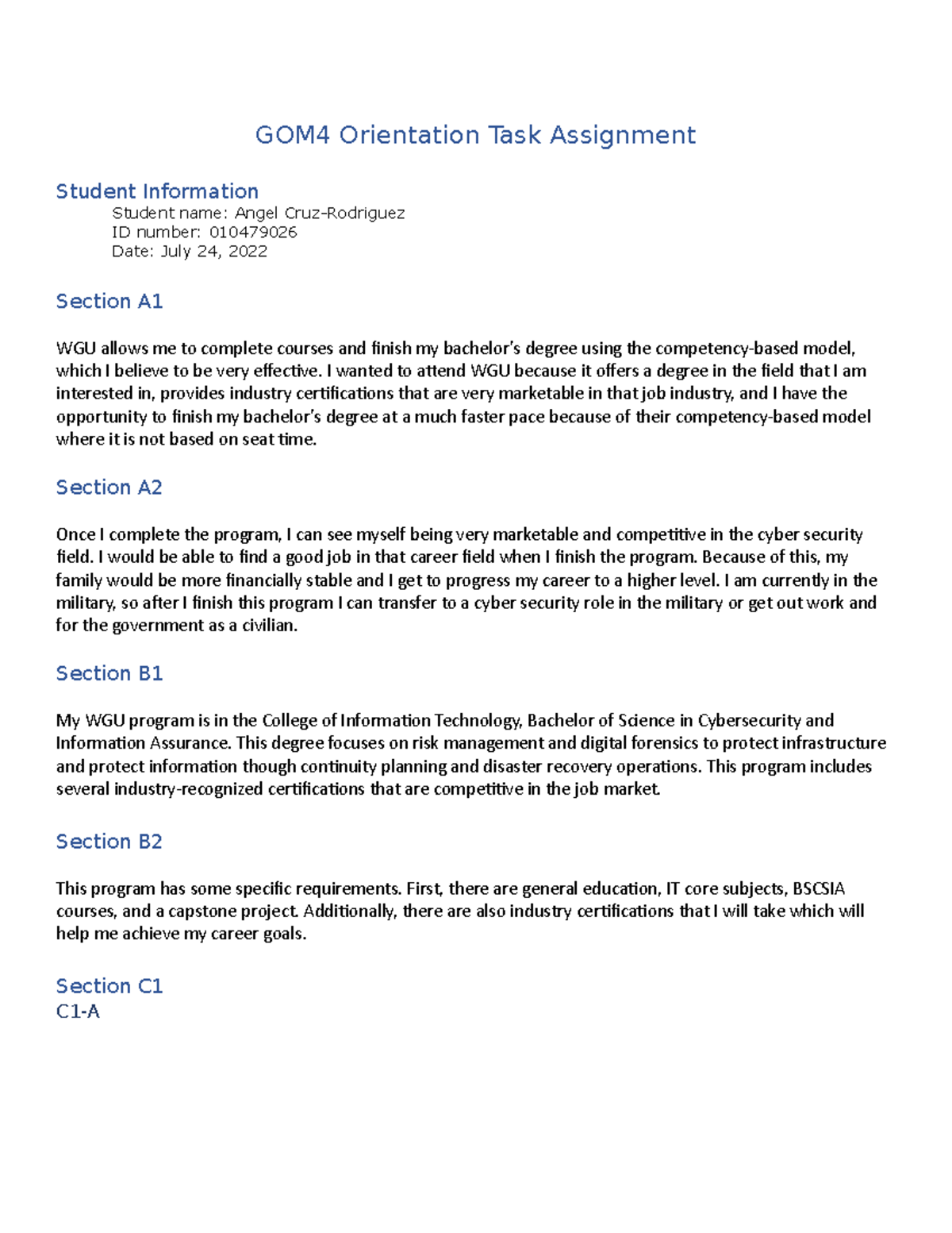Angel Cruz-Rodriguez Orientation Task - GOM4 Orientation Task Assignment Student Information ...