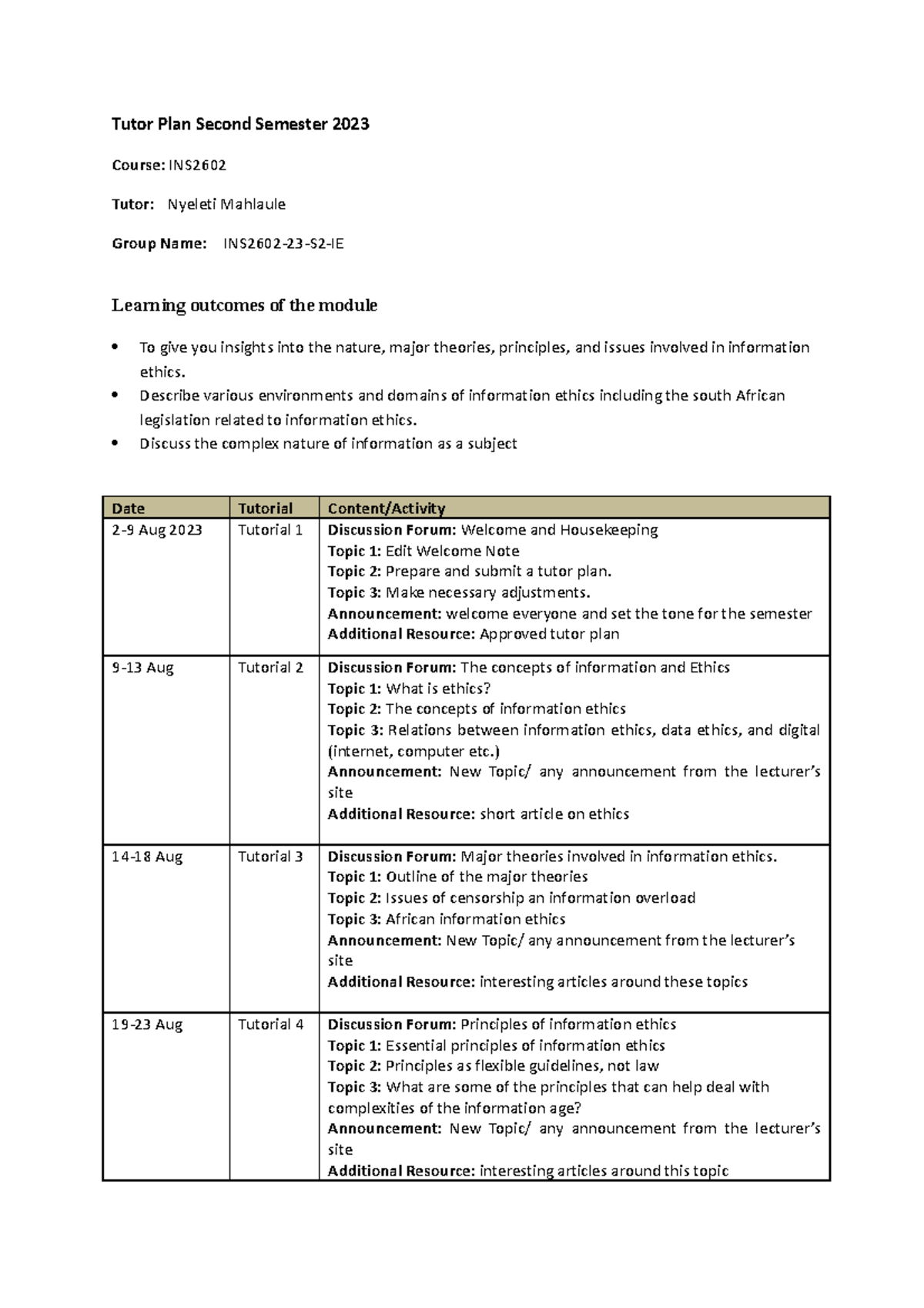 Tutor plan template INS2602-23-S2-IE - Tutor Plan Second Semester 2023 ...