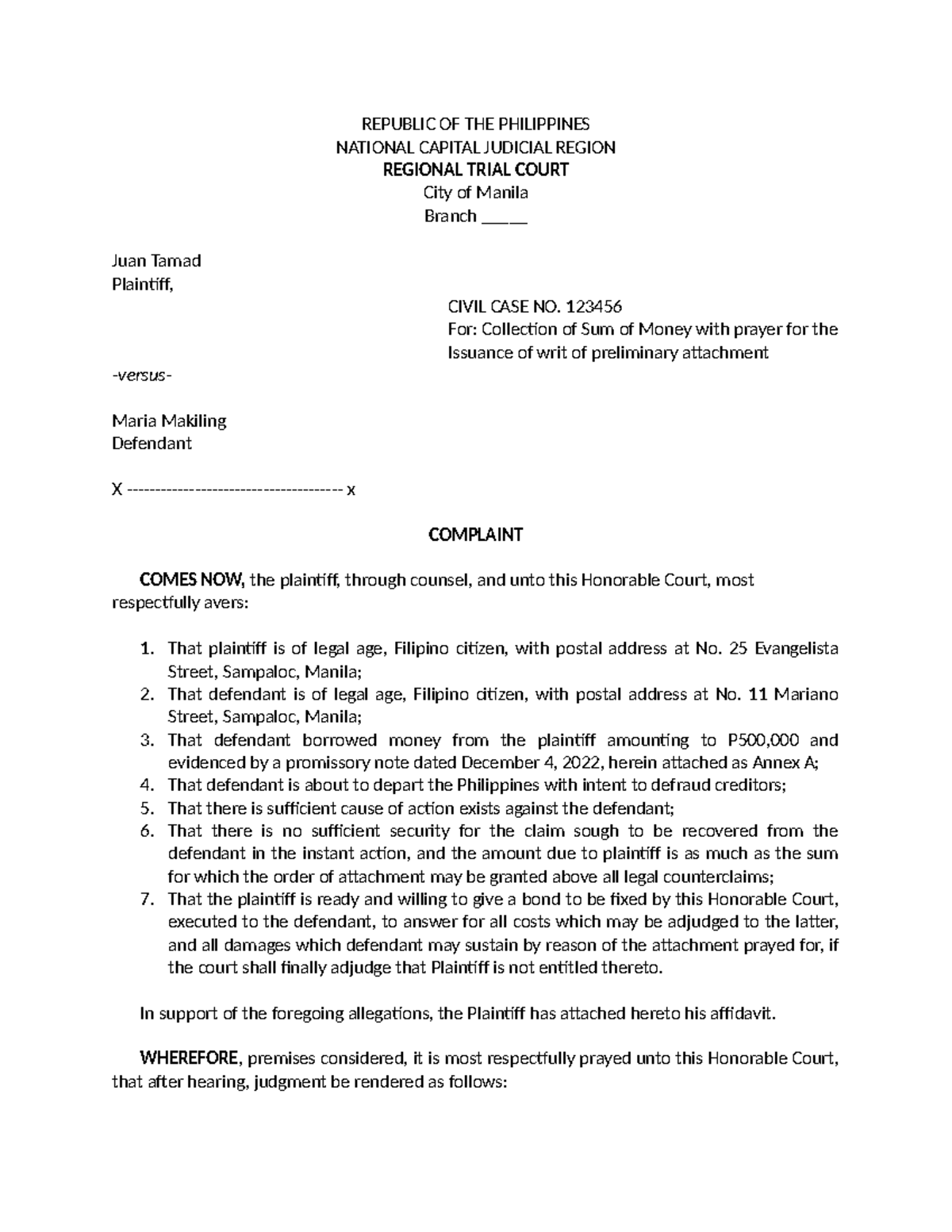 Sample Forms - REPUBLIC OF THE PHILIPPINES NATIONAL CAPITAL JUDICIAL ...