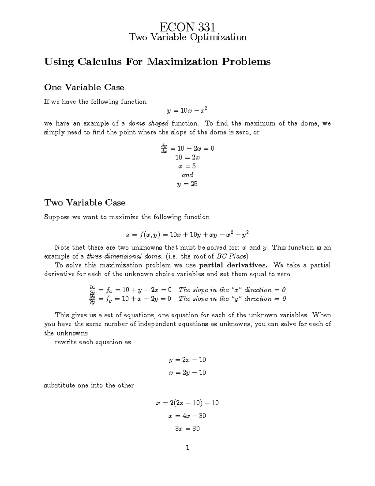 Two Variable Optimization With Economic Applications (ch 11) - ECON 331 ...