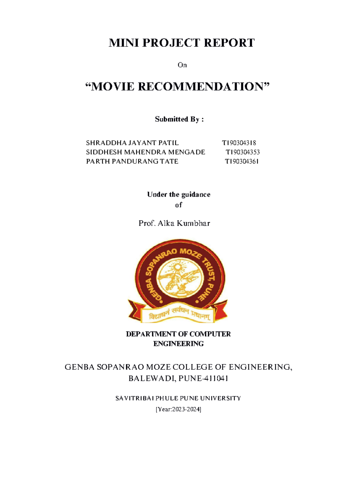 Dsbda mini project movie recommendation - MINI PROJECT REPORT “MOVIE RECOMMENDATION” On ...
