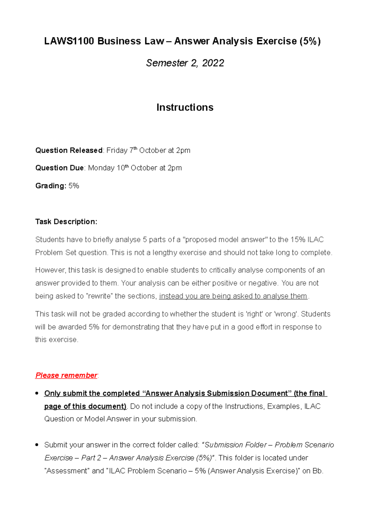 Problem Set Scenario - Answer Analysis Exercise 5% - LAWS1100 Business ...