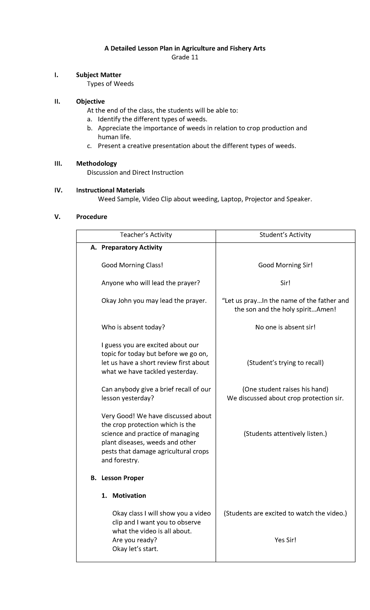 A Detailed Lesson Plan in Agriculture An - Subject Matter Types of ...