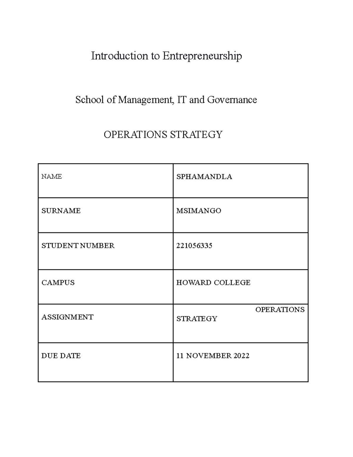 Operations Strategy Assignment Completed - Introduction to ...