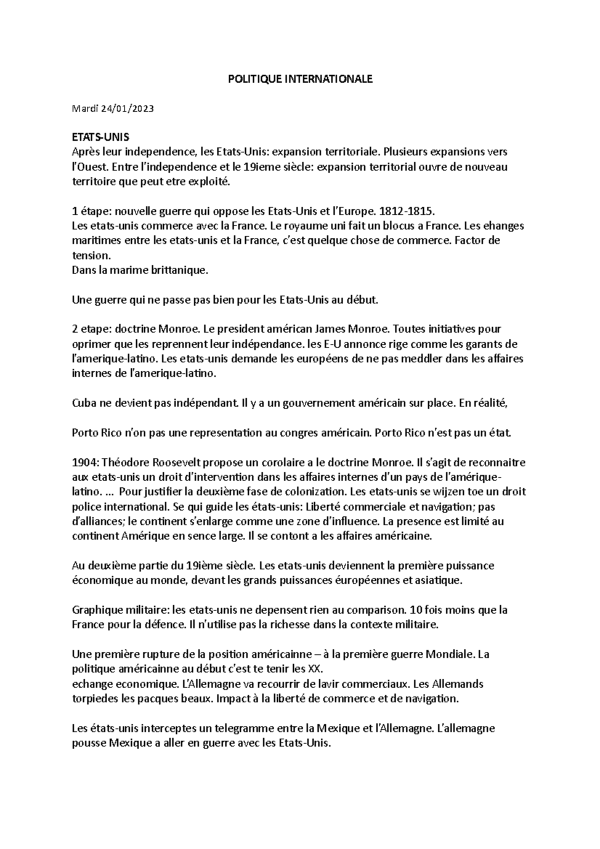 Cours politique internationale - POLITIQUE INTERNATIONALE Mardi 24/01 ...