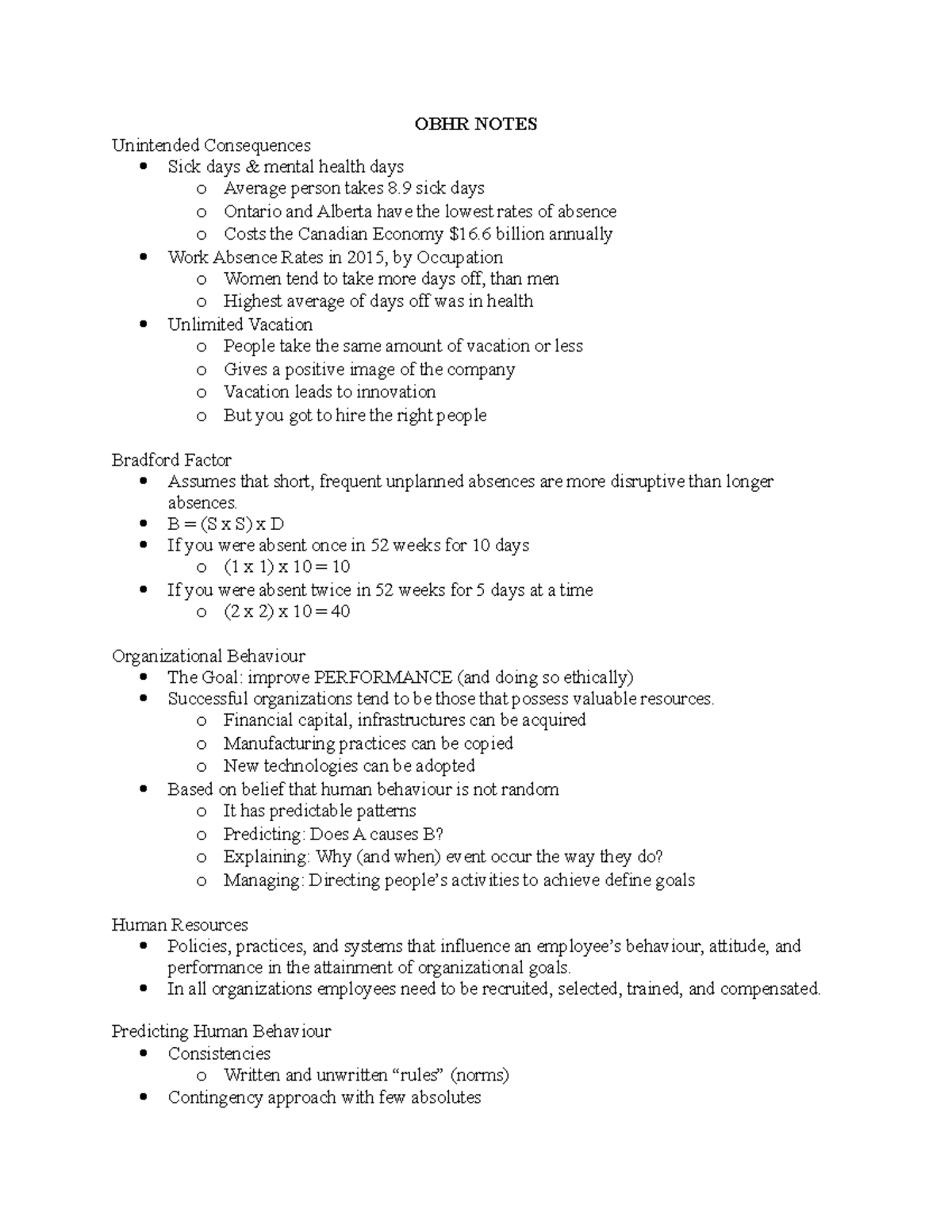 OBHR Notes - CH1-5 - OBHR NOTES Unintended Consequences Sick days ...