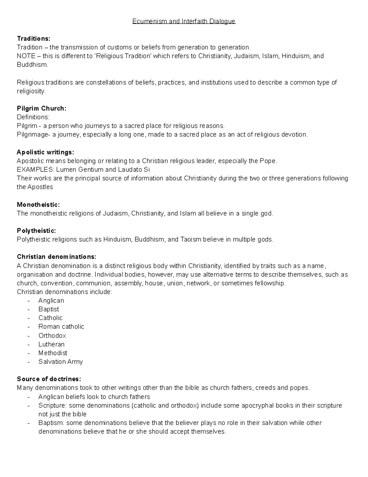 Study notes - Ecumenism and Interfaith - Ecumenism and Interfaith ...