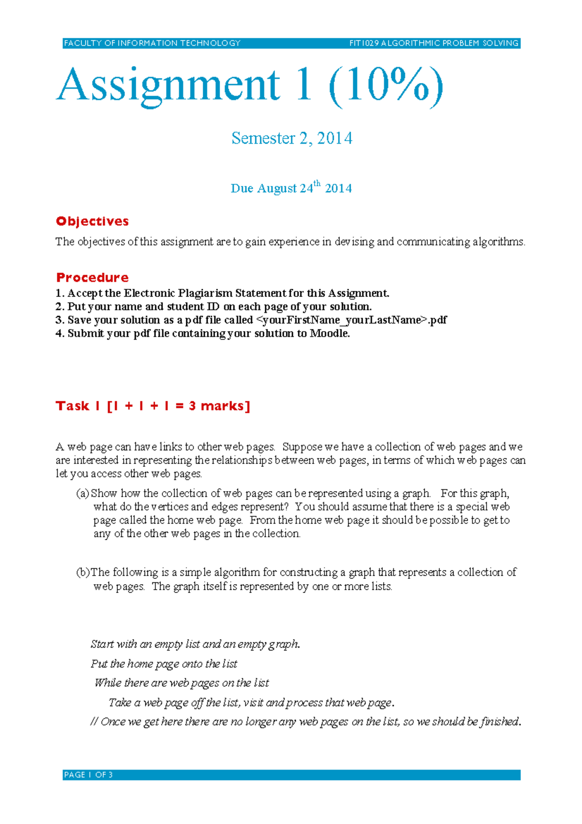 Algorithmic Problem Solving Assignments 12 Page 1 Of 3 Assignment 1 10 Semester 2