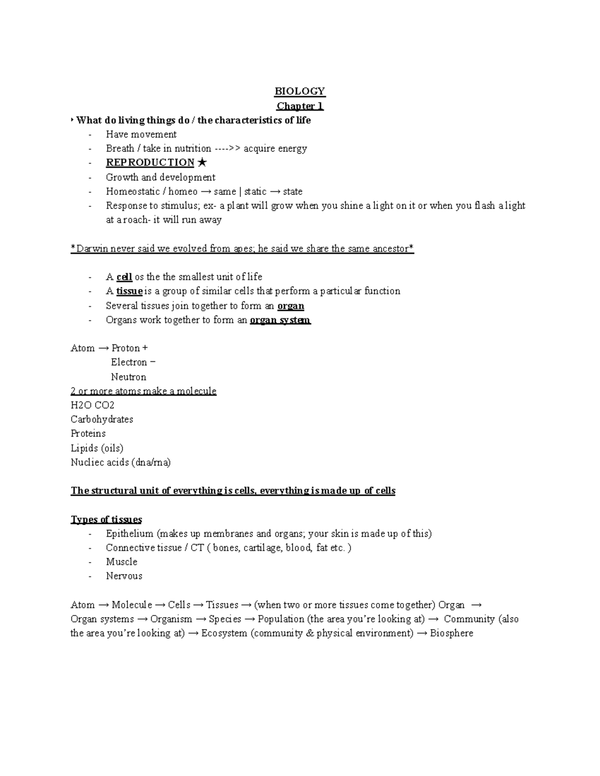 Biology - lecture notes - BIOLOGY Chapter 1 ‣ What do living things do ...