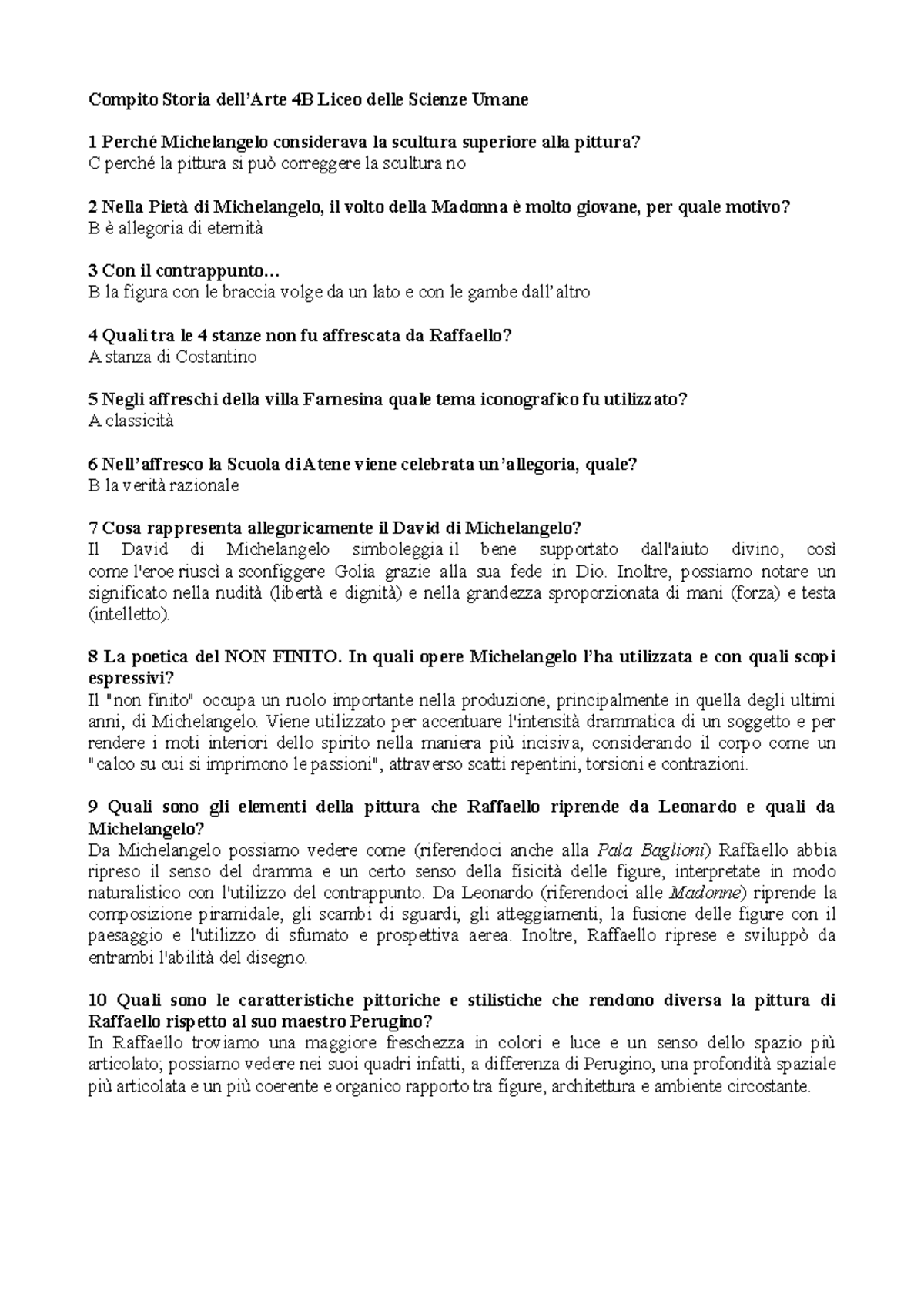 Compito su Michelangelo e Raffaello - Compito Storia dell’Arte 4B Liceo delle Scienze Umane 1 ...