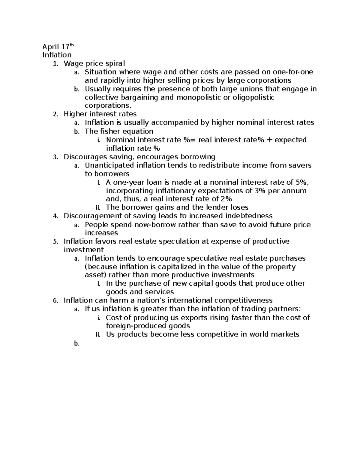 inflation notes macroeconomics - April 17th Inflation 1. Wage price ...