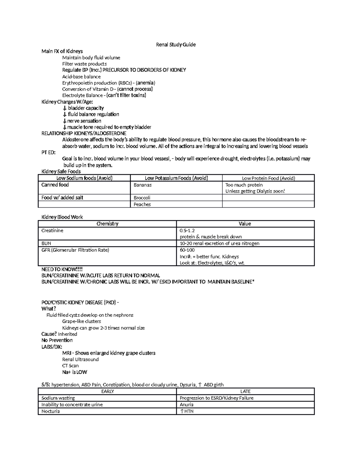 Renal Study Guide Notes.docx - Renal Study Guide Main FX of Kidneys ...