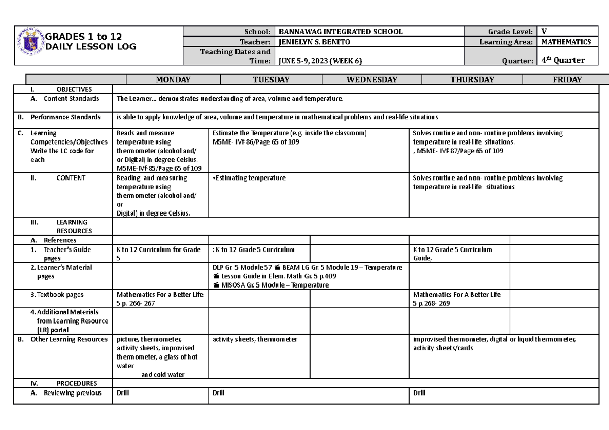 Grade 5 DLL MATH 5 Q4 Week 6 - GRADES 1 to 12 DAILY LESSON LOG School: BANNAWAG INTEGRATED ...