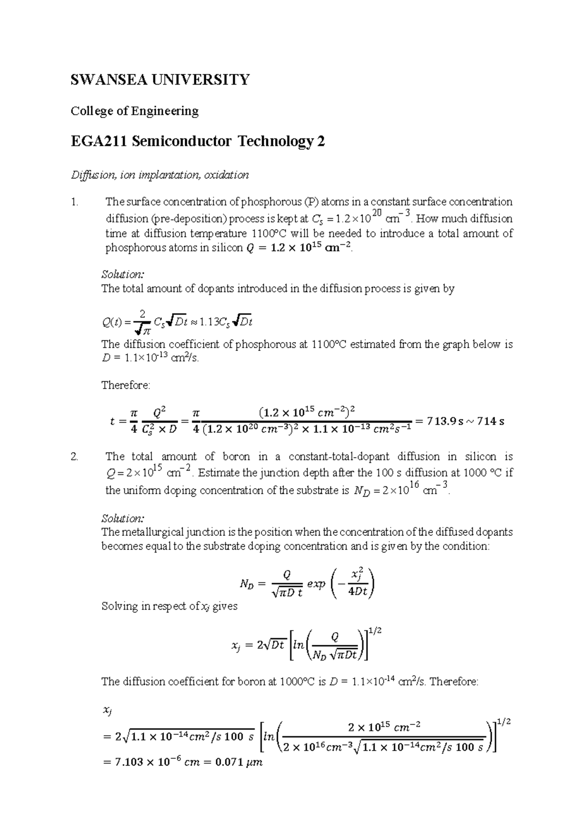 Examples-semiconductor doping solutions - EGA211 - Swansea - Studocu
