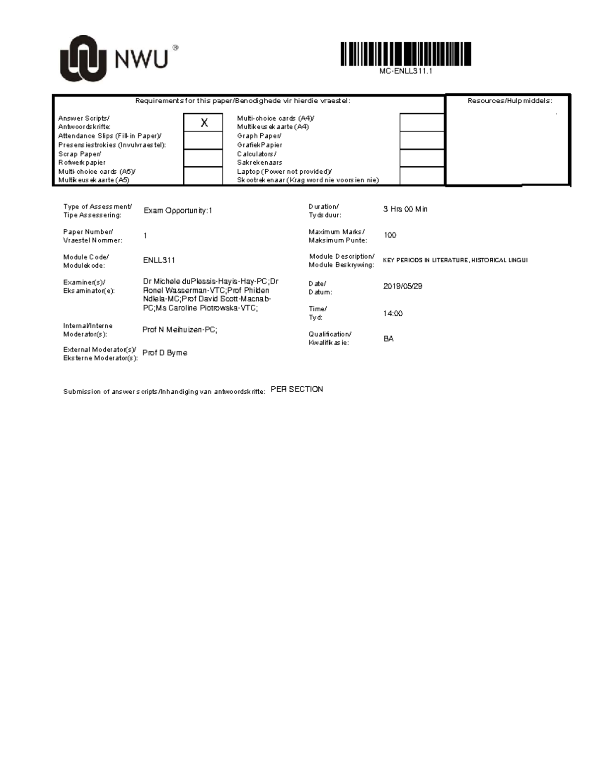Enll311 mcjun 2019 - Type of Assessment/ Tipe Assessering: Duration ...