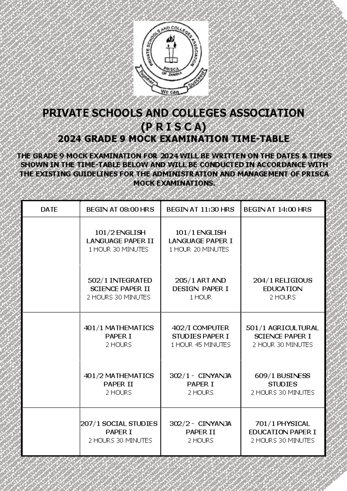 2024 Prisca Grade 9 TIME Table - PRIVATE SCHOOLS AND COLLEGES ...