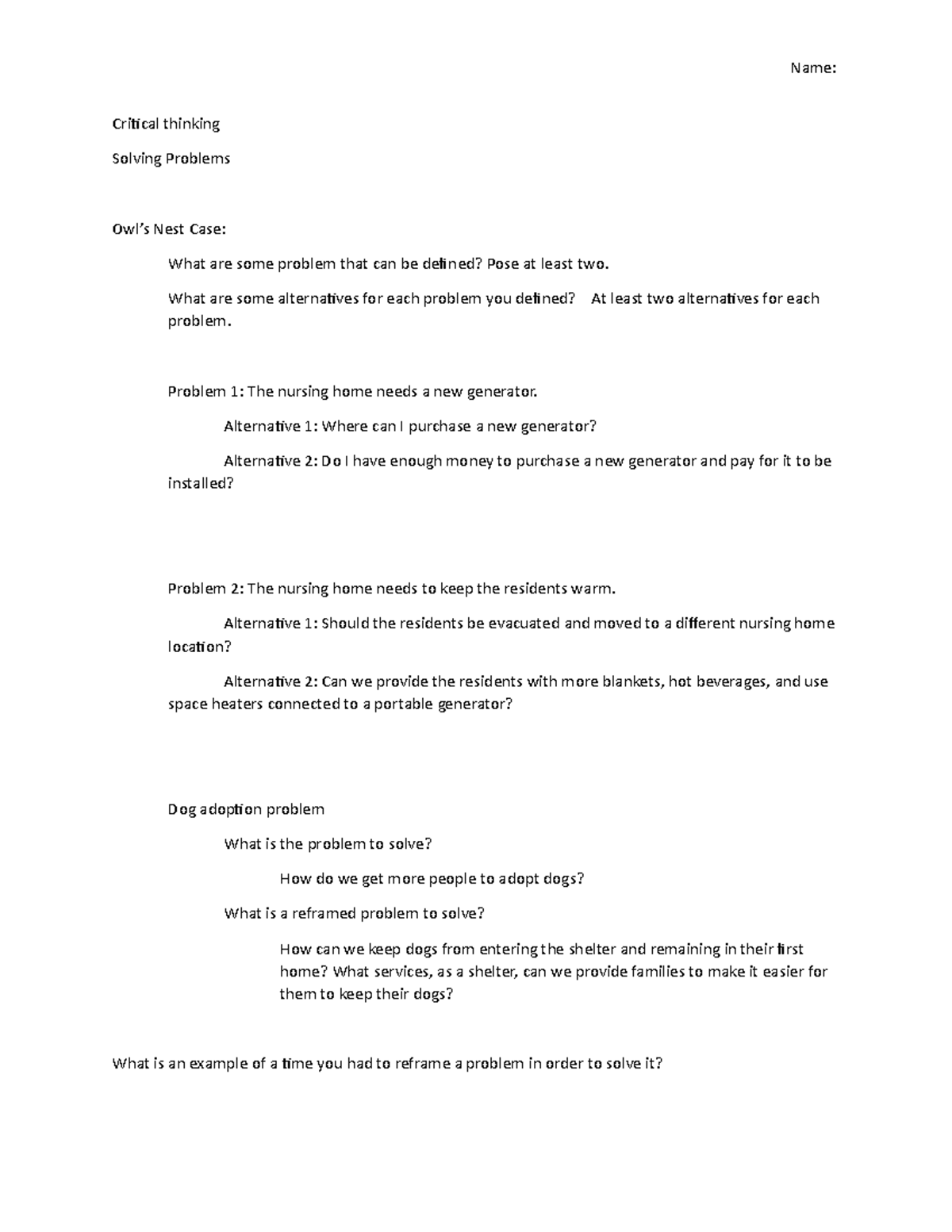 Worksheet - Problem Solving Part 1 - Name: Critical thinking Solving ...