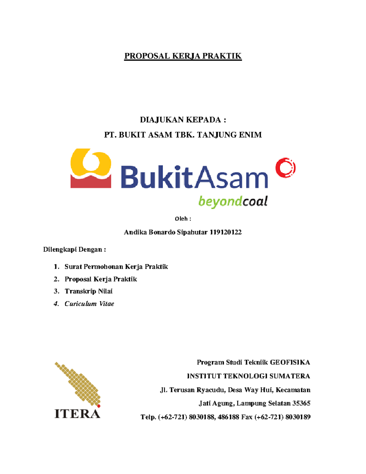 Draft proposal - KP Kuliah praktek teknik material itera 2022 ...