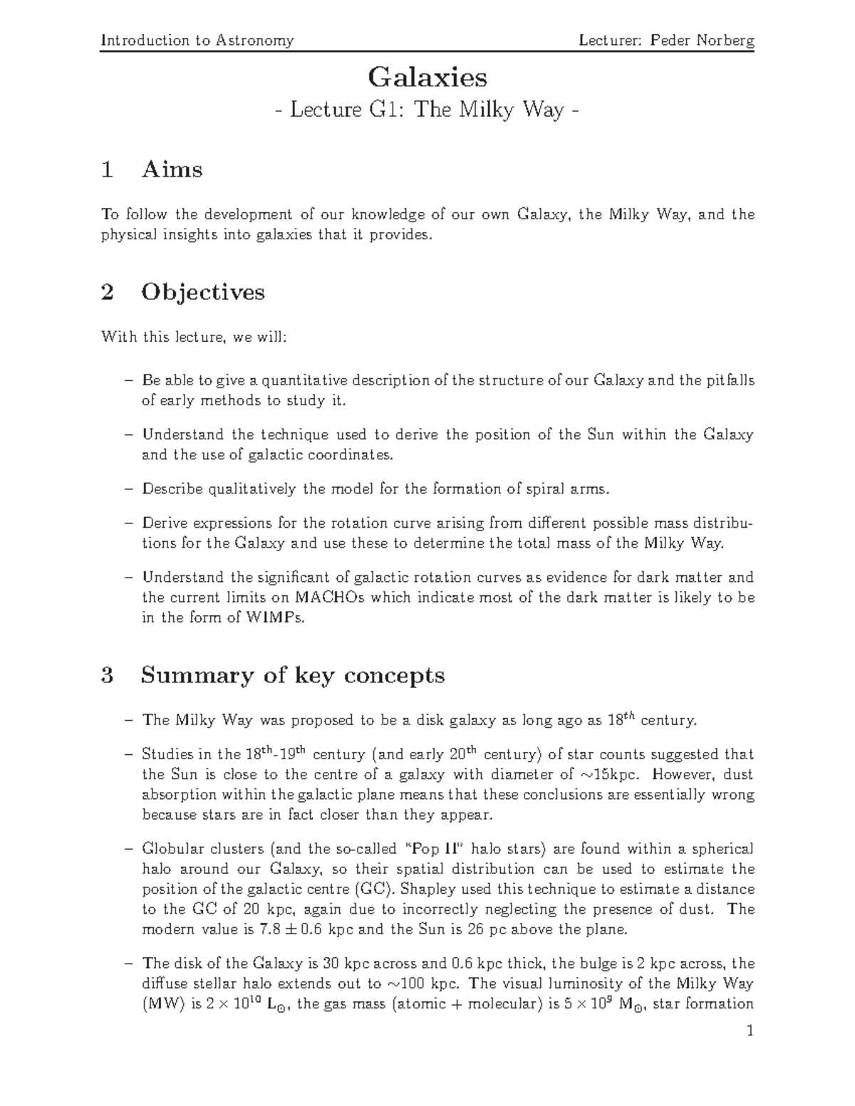 Lecture 1 notes Galaxies - Galaxies - Lecture G1: The Milky Way - 1 ...