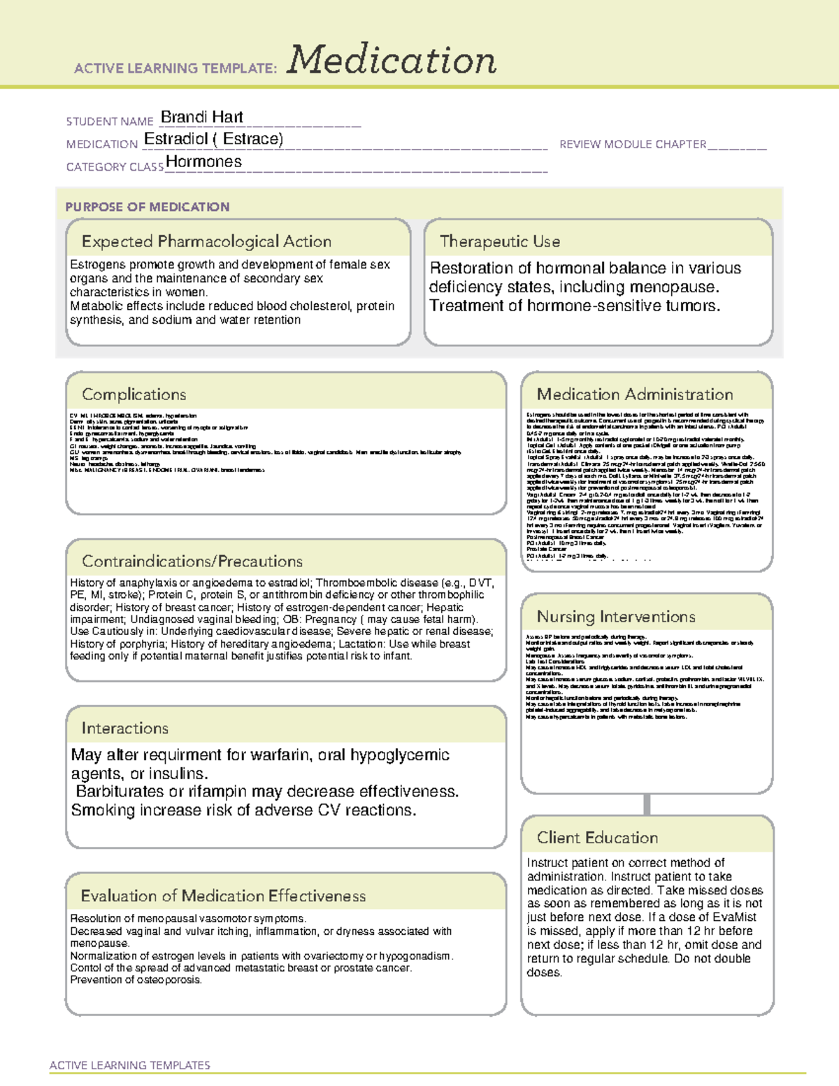 Estradiol - DRUG CARD - ACTIVE LEARNING TEMPLATES Medication STUDENT ...