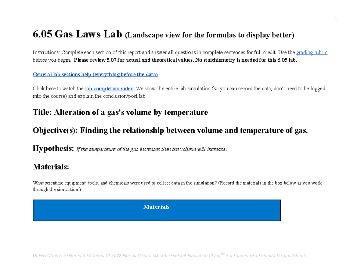 6.05Lab chemistry - 6 Gas Laws Lab (Landscape view for the formulas to ...